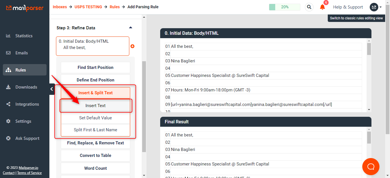 How to use the filter "Insert Text" – Mailparser